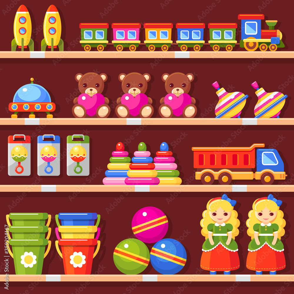 Store shelves with toys. Kid's shop interior. Doll, bear, bucket, ball ...
