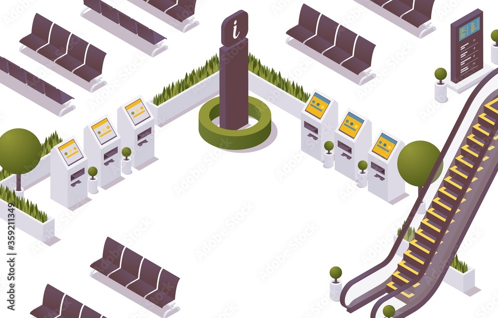 Isometric express check-in machine for a flight at the airport, without ...