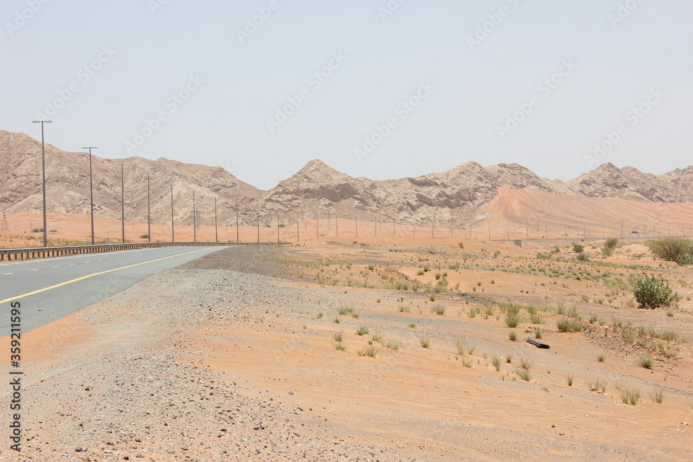 Hot and arid desert sand dunes terrain in Sharjah emirate in the United ...