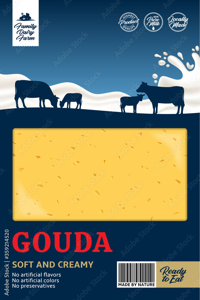 Vector gouda cheese packaging with cows and milk splash. Realistic ...