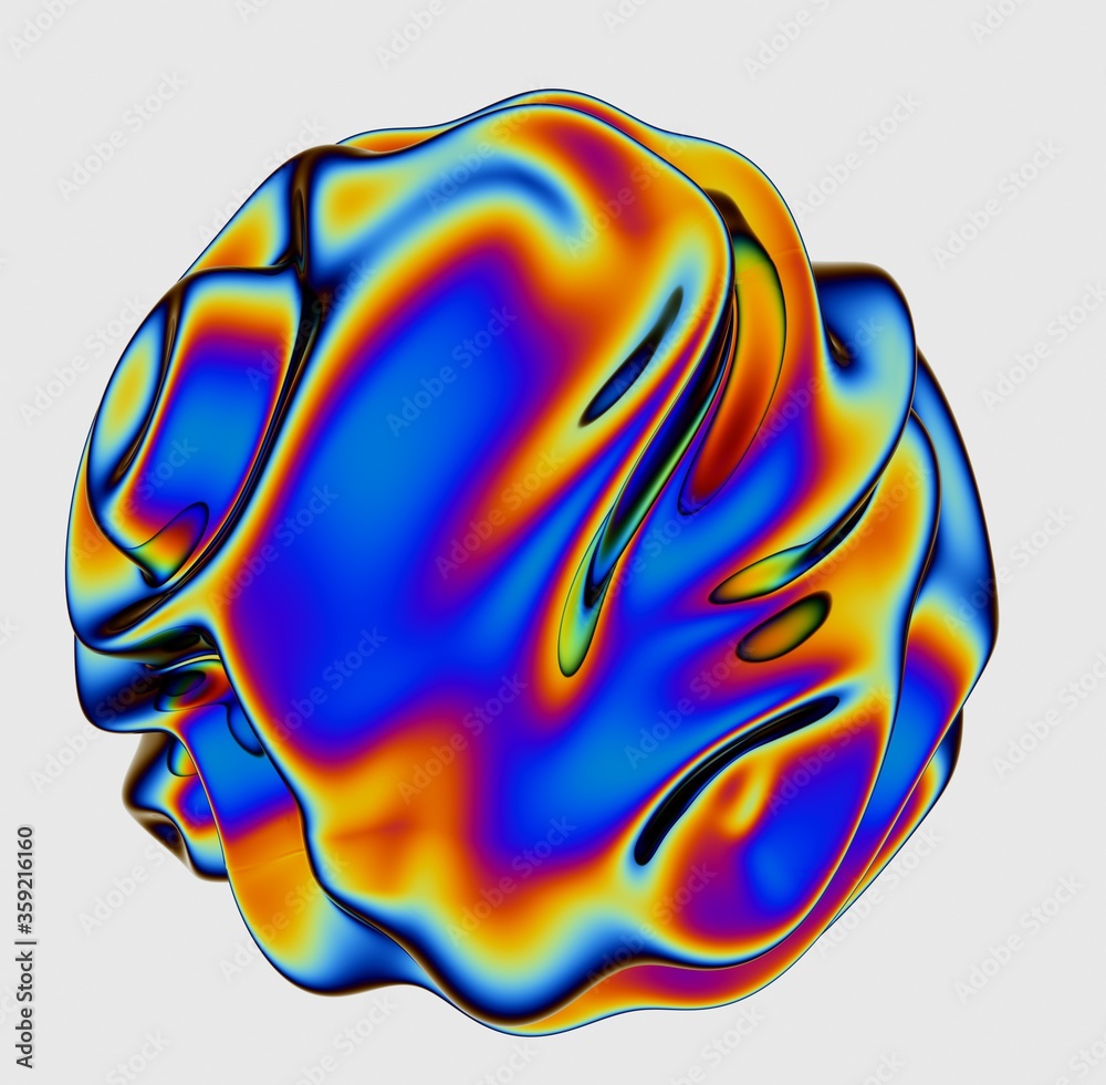 3D rendering of Glossy distorted holographic sphere. Synthwave and ...