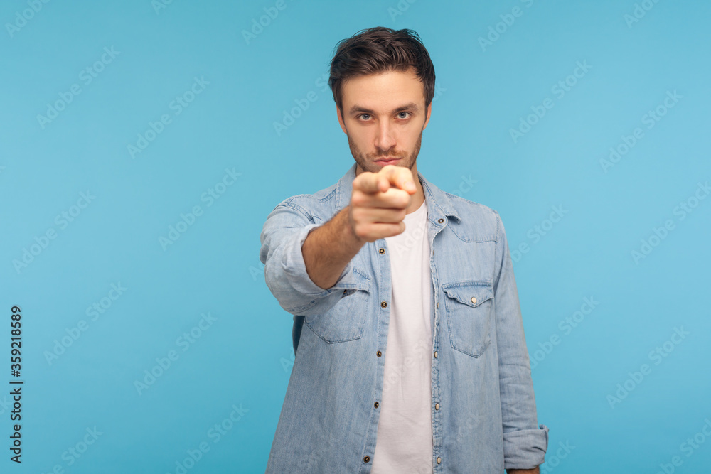 Hey you! Portrait of angry strict man in worker denim shirt noticing ...
