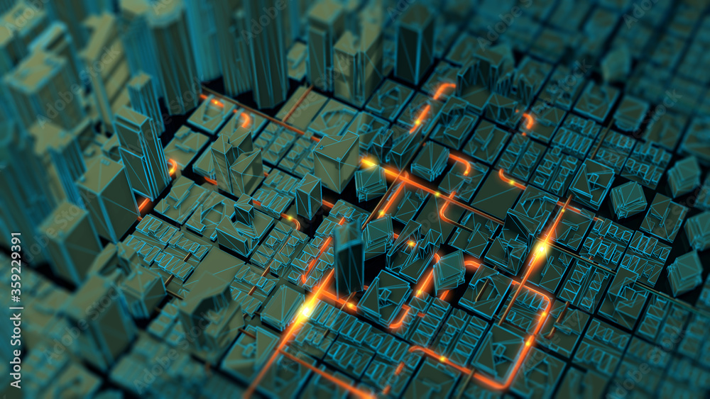 Artificial Intelligence AI data transmission futuristic city engineering abstract technology ...