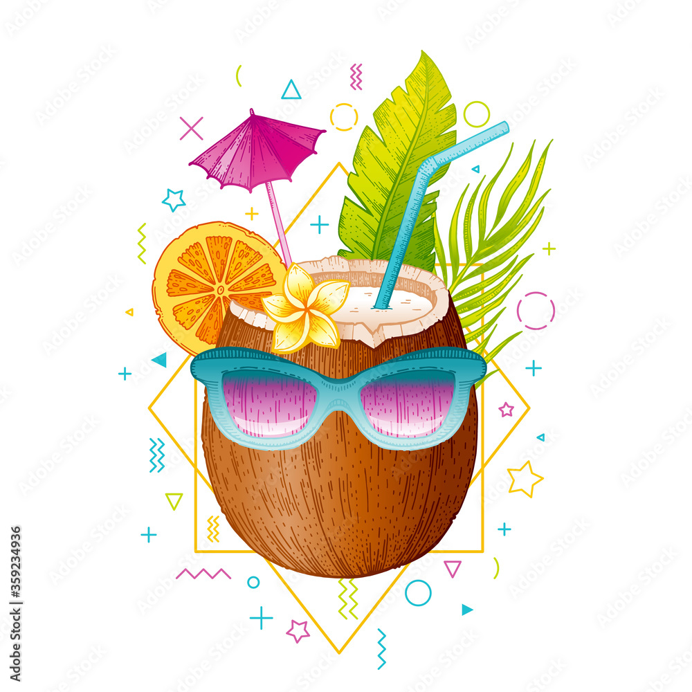 Coconut in sunglasses. Vector Memphis summer art. Tropical illustration ...