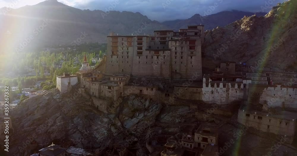 Backward moving view of Leh Palace, beautiful landmark of the capital ...