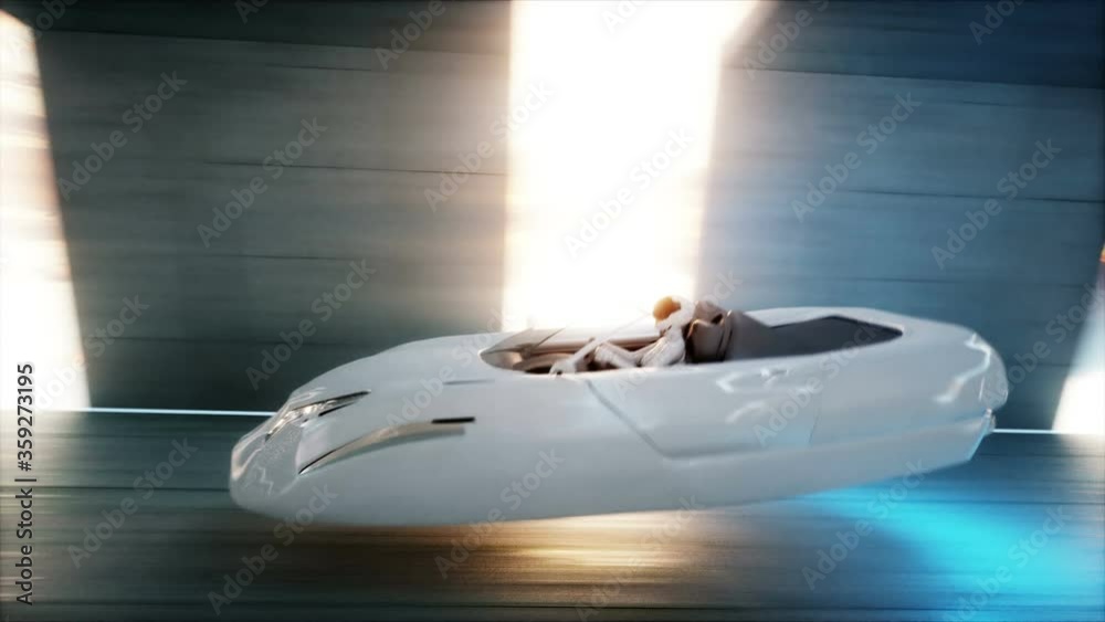 futuristic flying car with woman fast driving in sci fi tunnel, coridor ...
