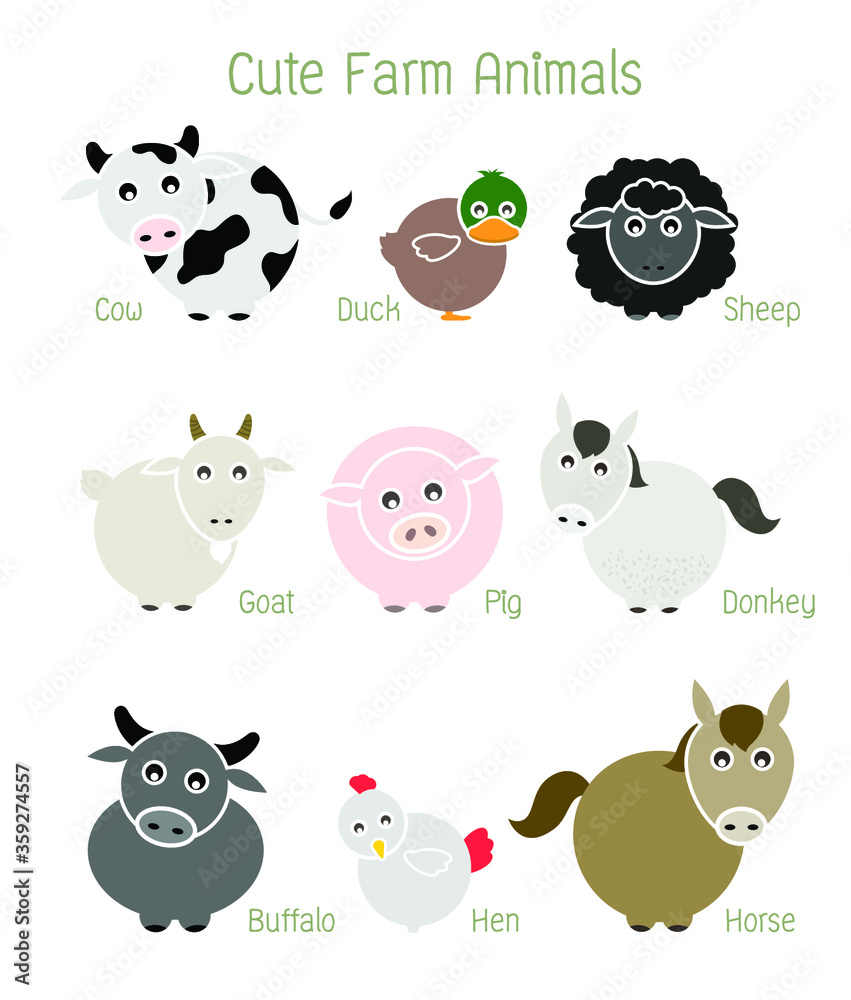 Farm Animals Set, Cow, Duck, Sheep, Goat, Pig, Donkey, Buffalo, Hen ...