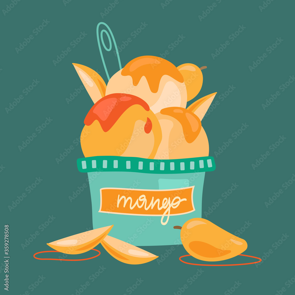 Hand drawn vector illustration of mango icecream in a cup. Food ...