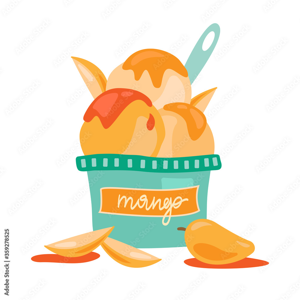 Hand drawn vector illustration of mango icecream in a cup. Food ...