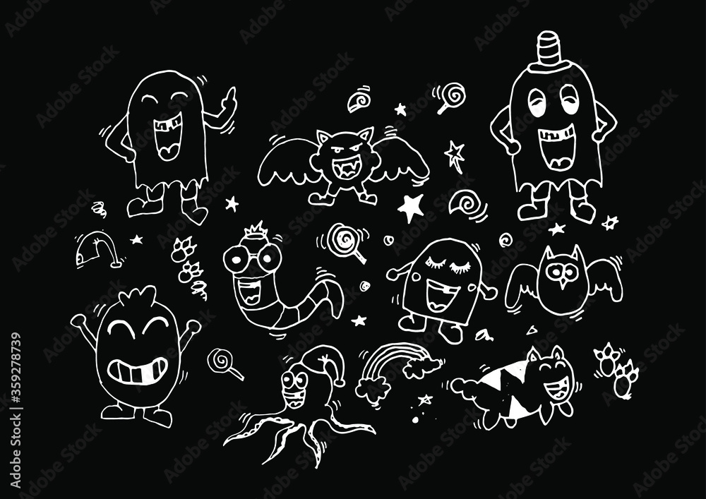 Doodle set of objects from a toothless laugh, black and white outline ...