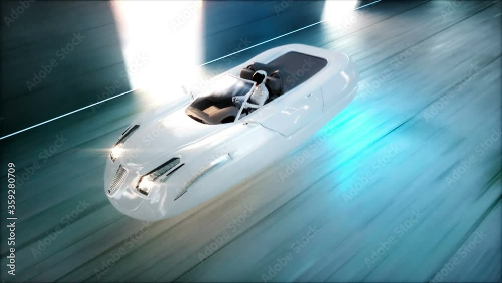 futuristic flying car with woman fast driving in sci fi tunnel, coridor ...