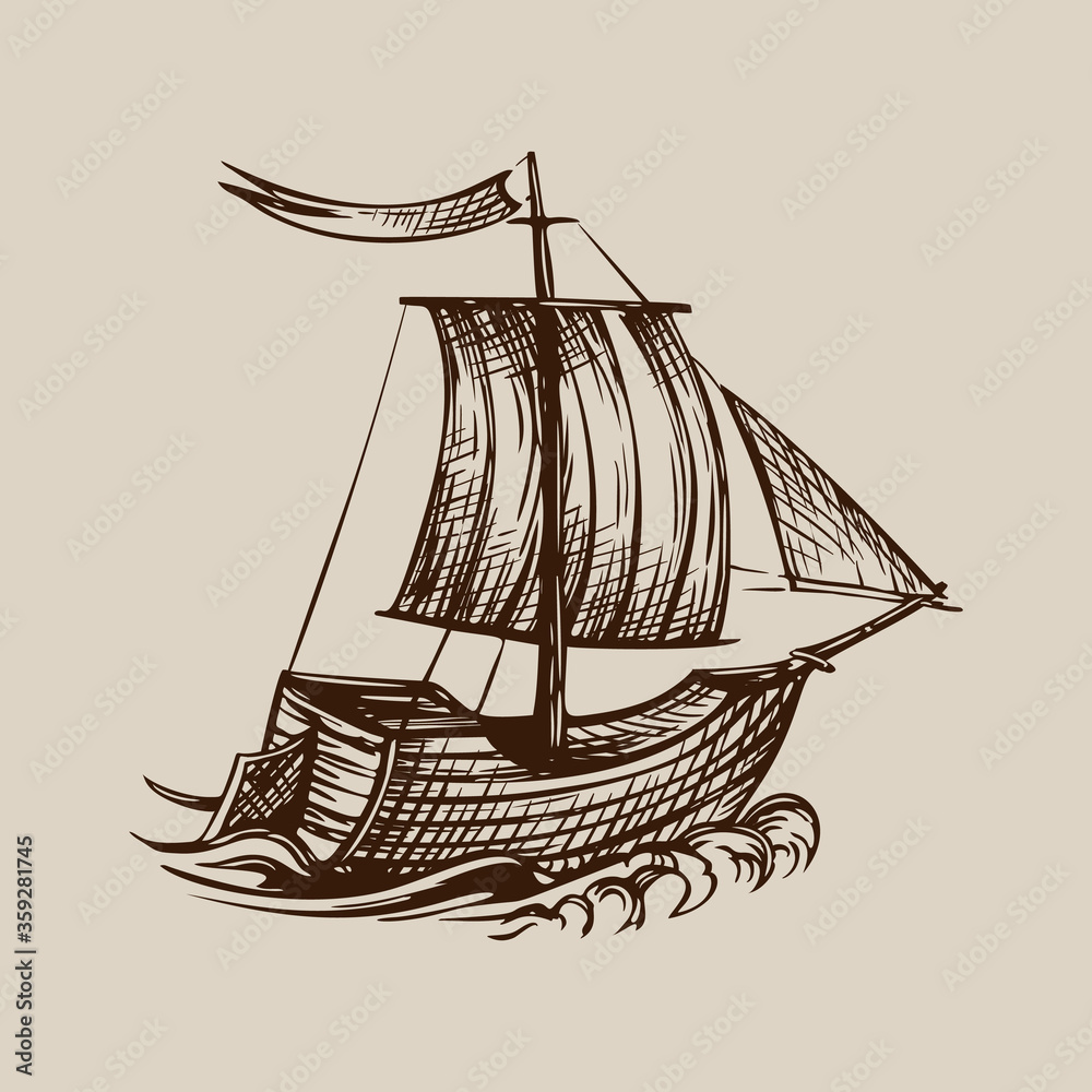 Vector drawing of sailing ship stylized as engraving on a beige ...