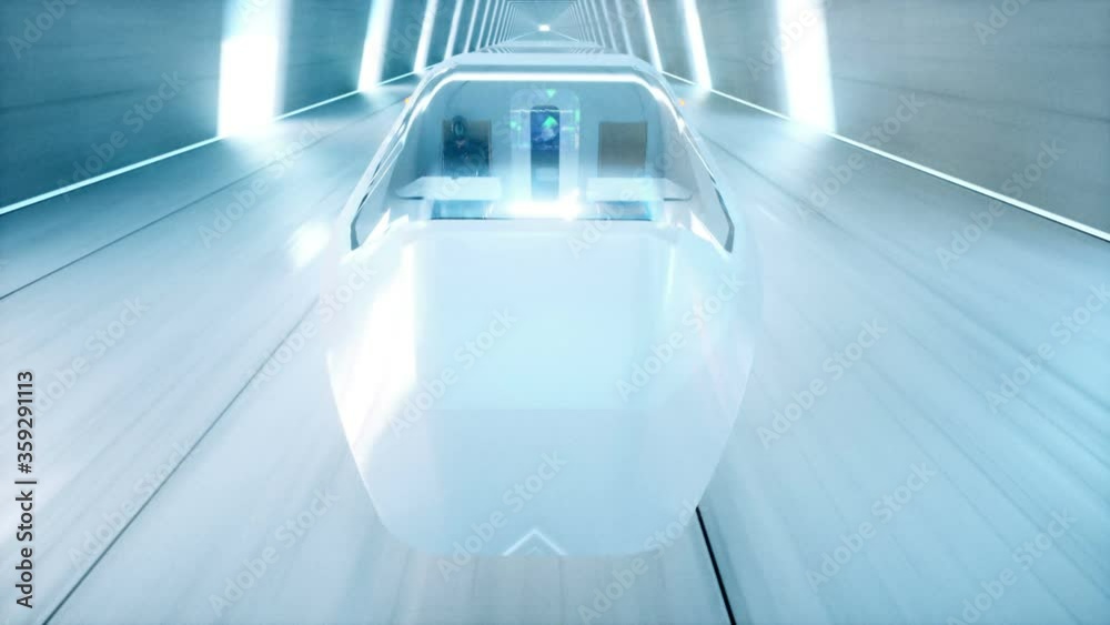 futuristic flying bus with peoples fast driving in sci fi tunnel ...