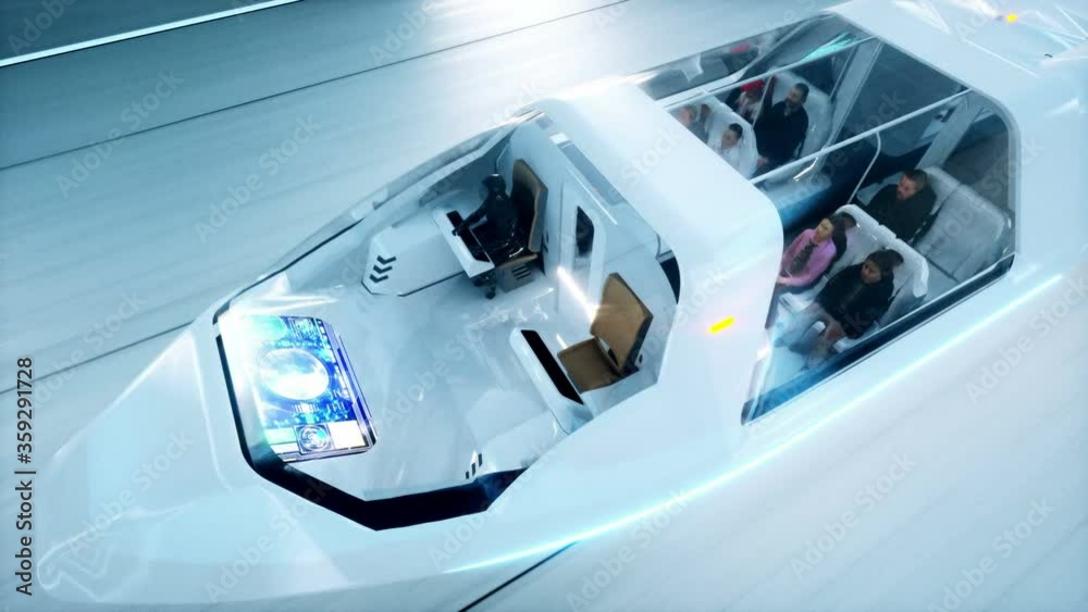 futuristic flying bus with peoples fast driving in sci fi tunnel ...