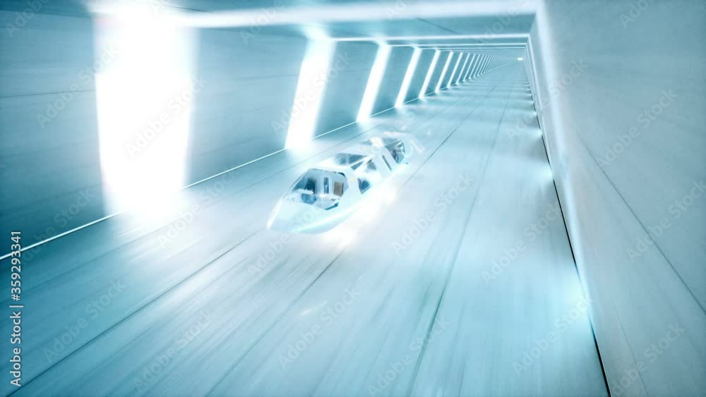 futuristic flying bus with peoples fast driving in sci fi tunnel ...