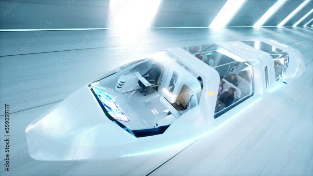 futuristic flying bus with peoples fast driving in sci fi tunnel ...