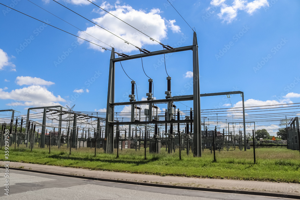 Electrical Transformer. Distribution of electric energy at a big ...