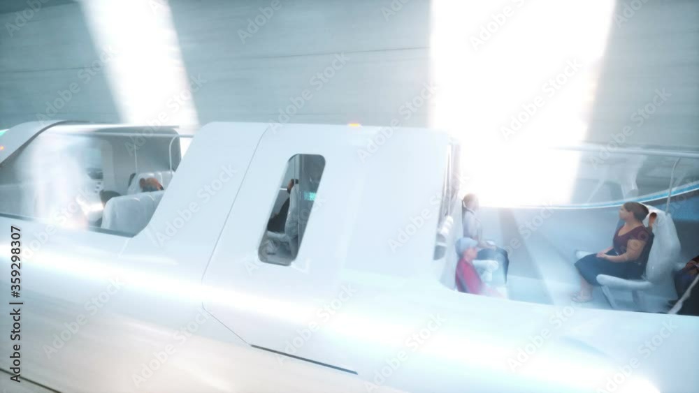 futuristic flying bus with peoples fast driving in sci fi tunnel ...