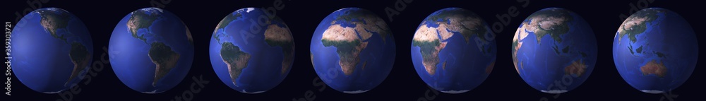 Our planet. Set of 3d renders shows Earth without atmosphere, only ...