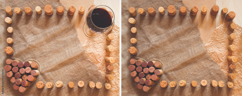 Red wine cork heart, white and craft paper sheets, blue flower on ...