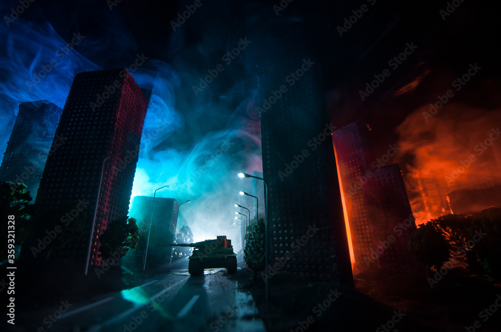 Empty street of burnt up city, flames on the ground and blasts with ...