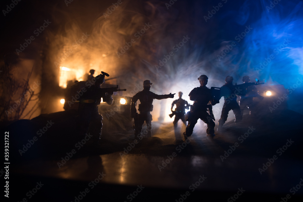 War Concept. Battle scene on war fog sky background, Fighting ...