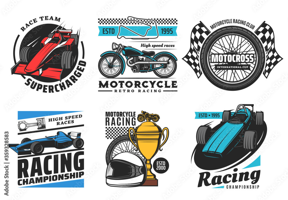 Racing and motorsport icons, motorcycle and car rally races, speedway ...