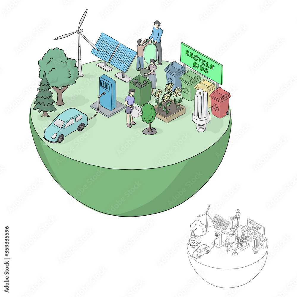 isometric green friendly ecology concept on half circle vector ...