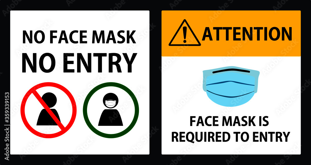 set of wall signs, no entry without face mask, face mask required to ...