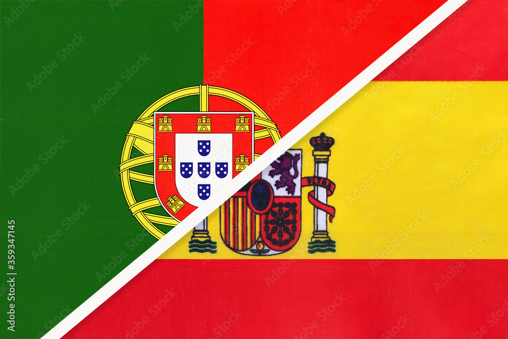 Portugal and Spain, symbol of national flags from textile. Championship ...