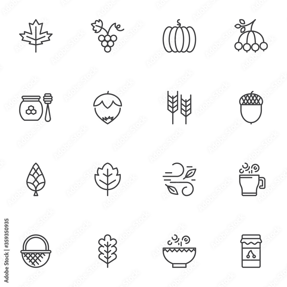 Autumn elements line icons set, outline vector symbol collection ...