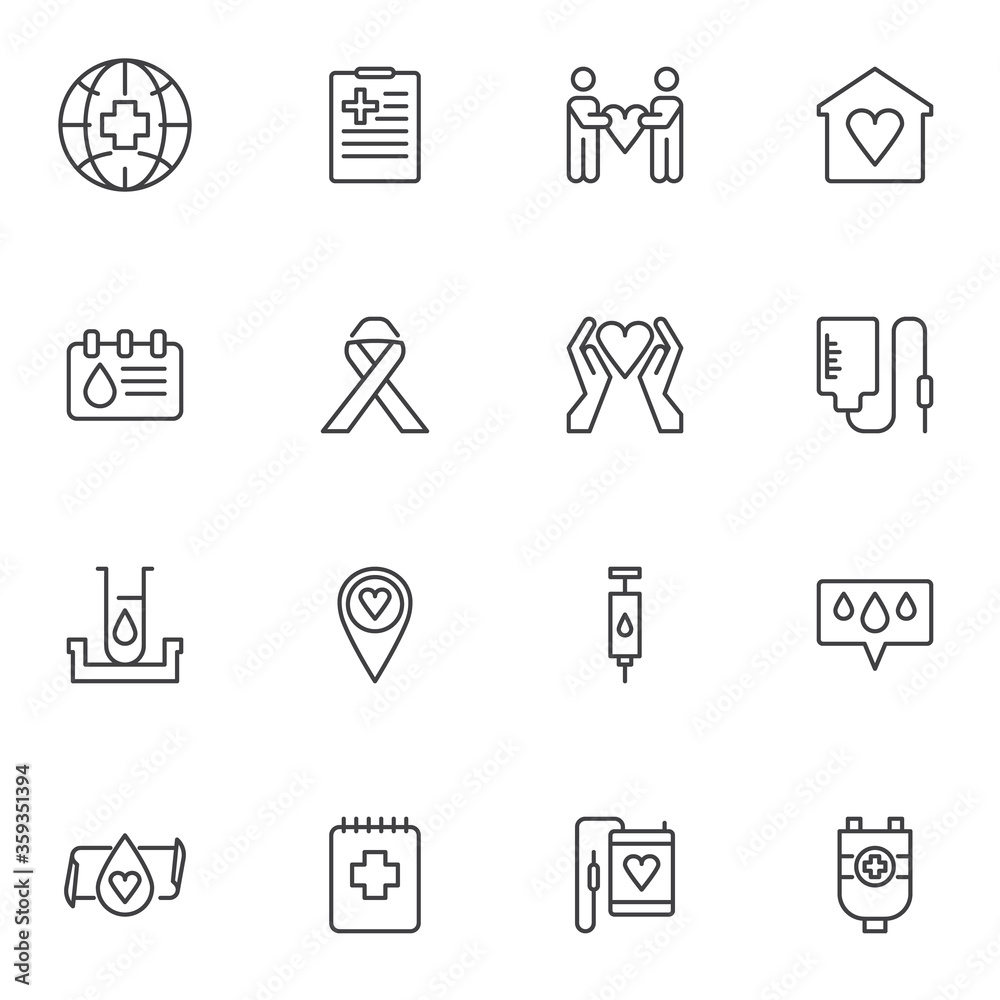 Charity, blood donation line icons set, outline vector symbol ...
