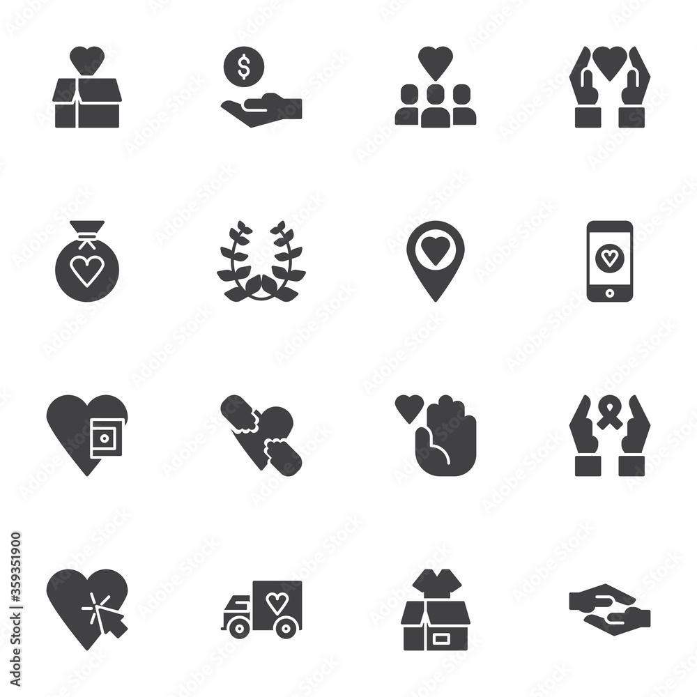Charity and donation vector icons set, modern solid symbol collection ...