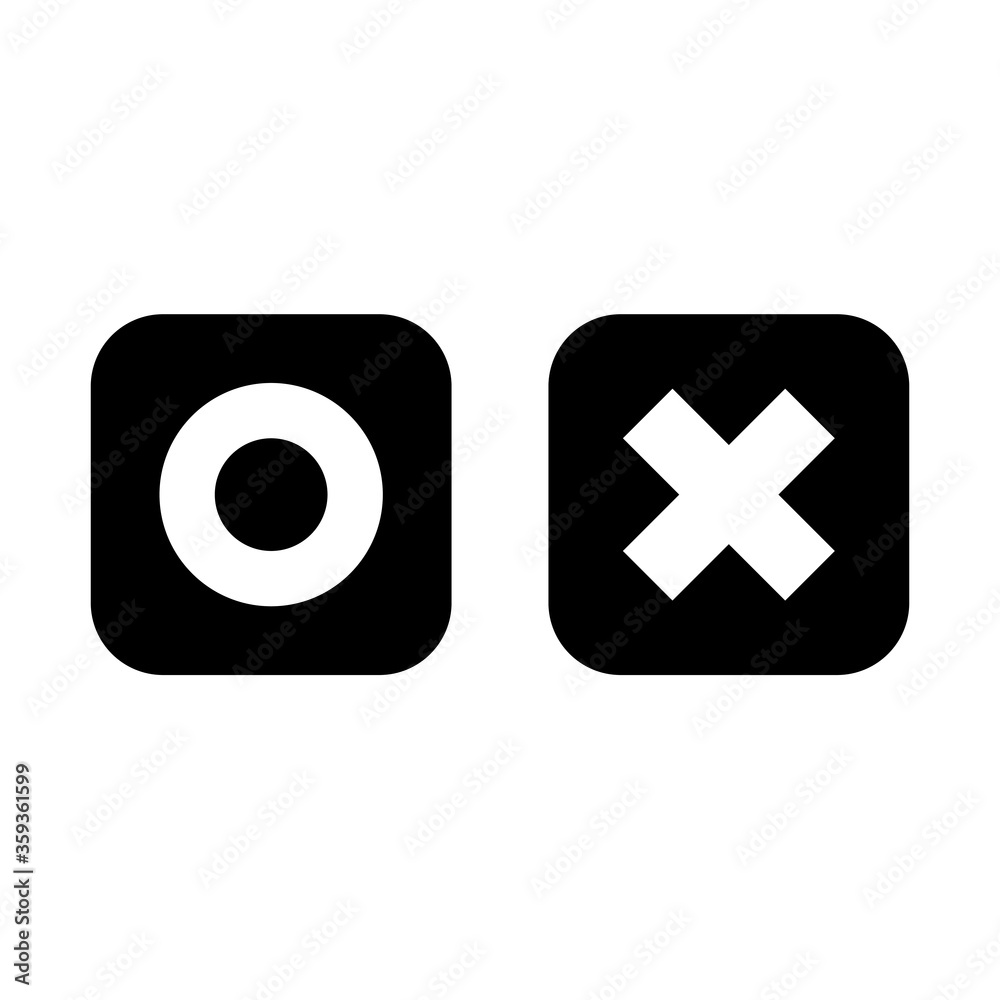 Simple black o and x rounded square shape icons with shadow, control ...