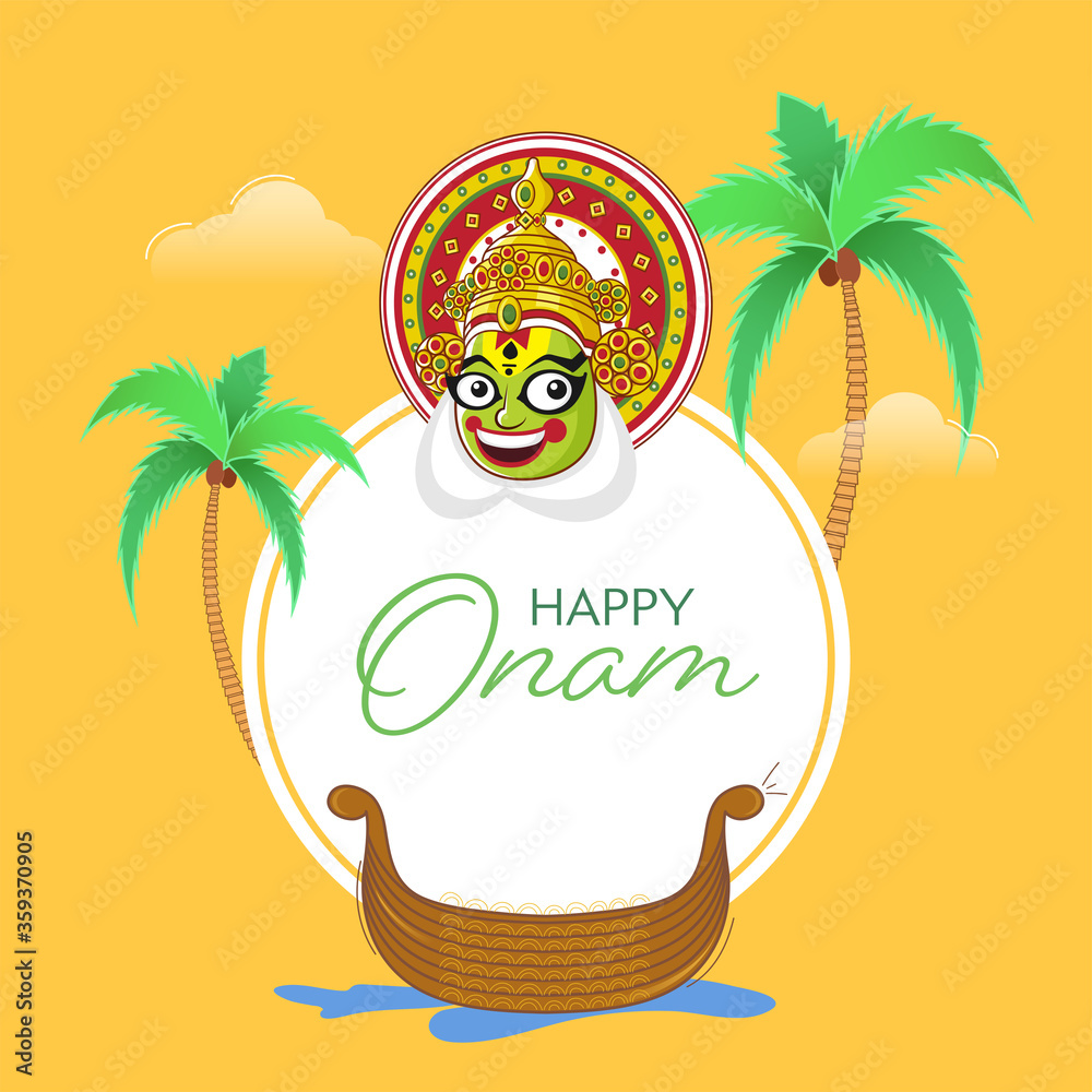 Happy Onam Font in White Circular Shape with Happiness Kathakali Face ...