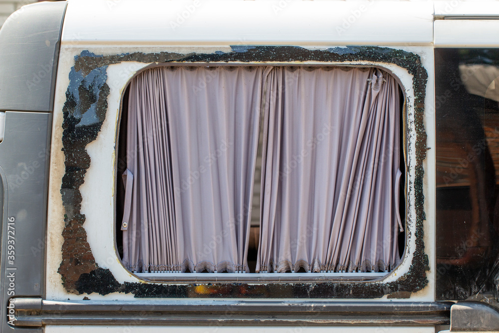 Broken side window in the car, damage to the window due to an accident ...