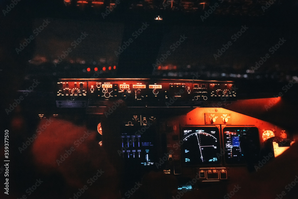 Jet cockpit and runway lights during a night landing Stock Photo ...