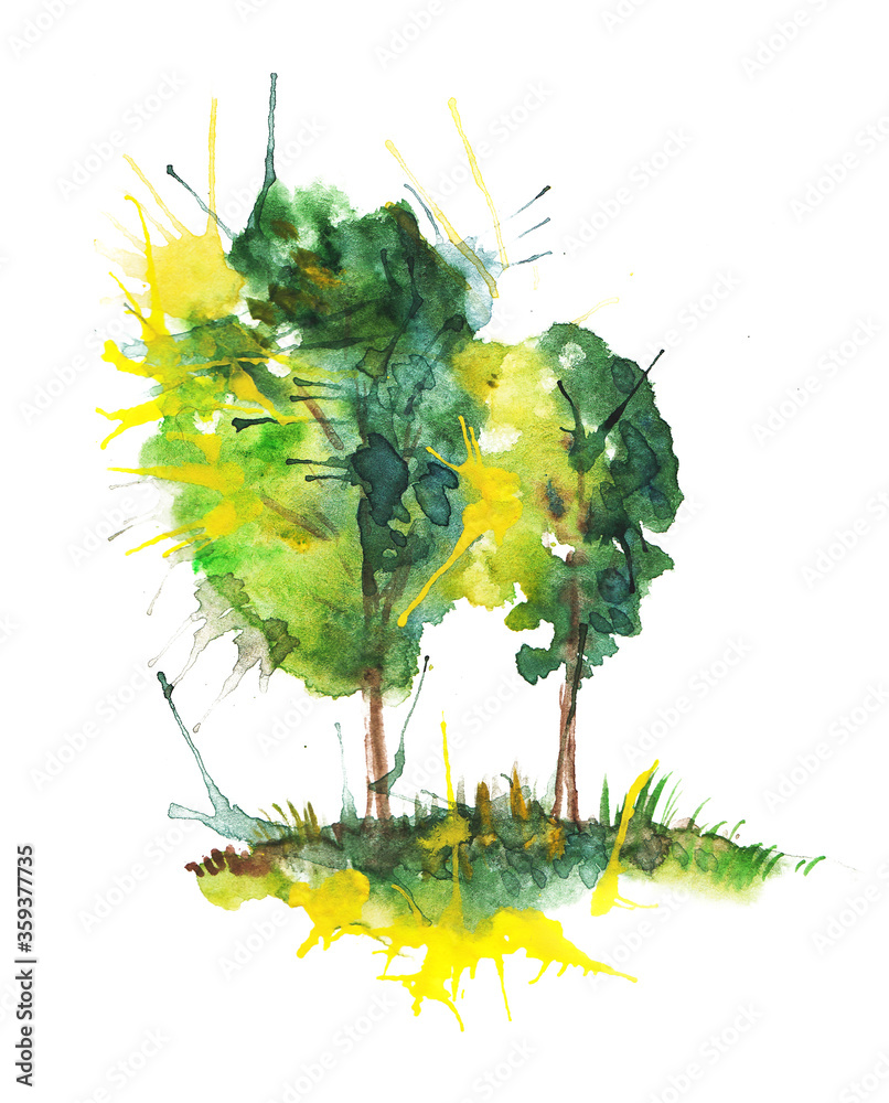 Watercolor drawing of two bright trees with blots and splashes. Stock ...