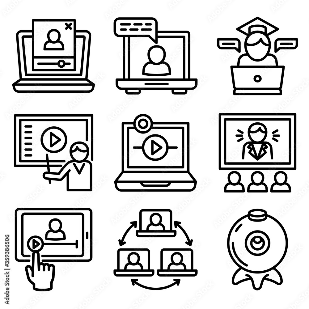 Webinar icons set. Outline set of webinar vector icons for web design ...