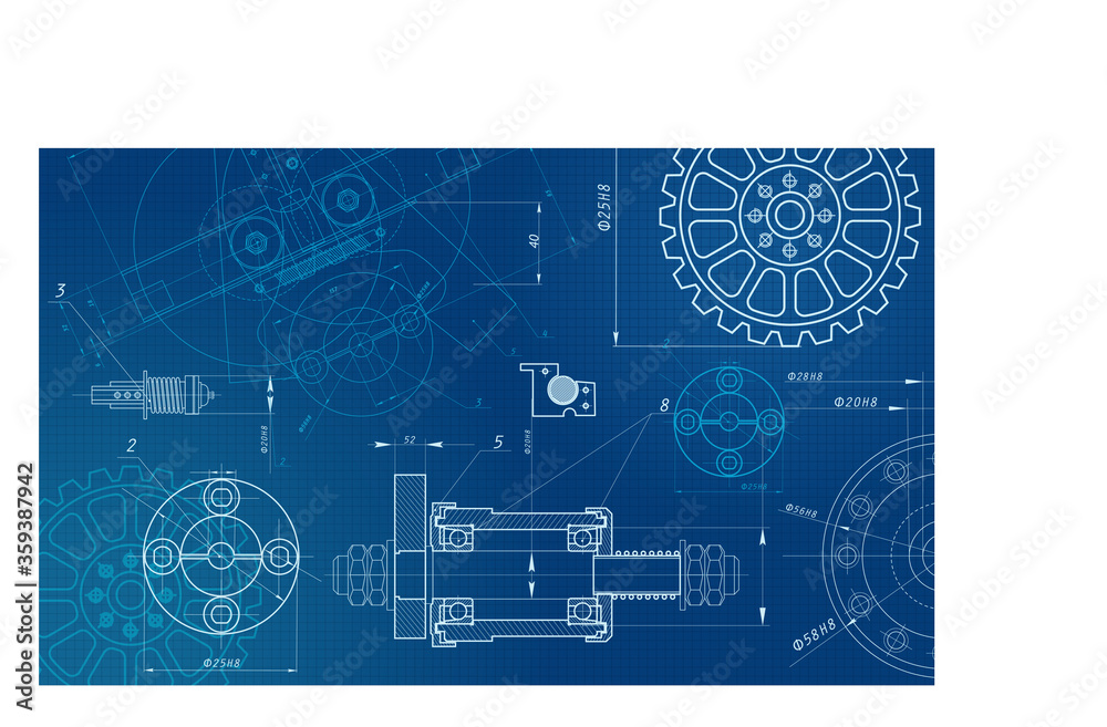 Mechanical engineering drawing on blue background. Sectioning objects ...