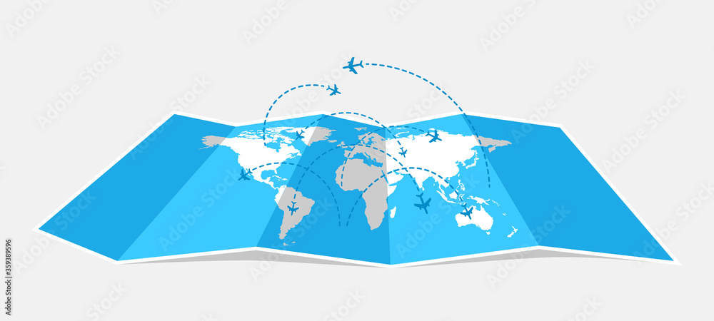 Folded World Map with airplanes flying. Travel and tourism. Vector ...