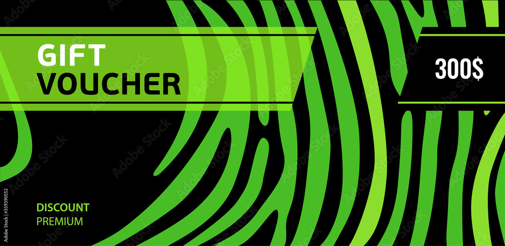 Horizontal gift voucher green lines on black background. Bright ...