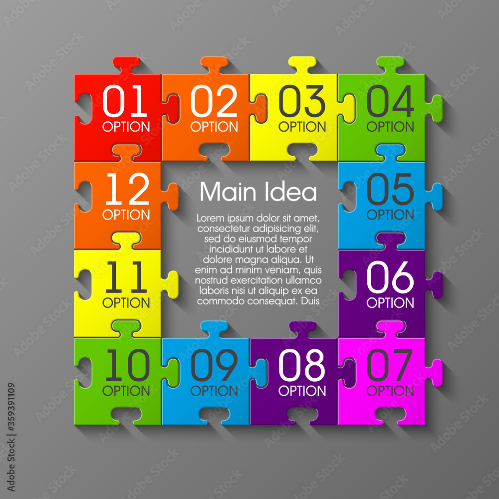 Puzzle twelve piece business presentation. Square infograph. Circle 12 ...