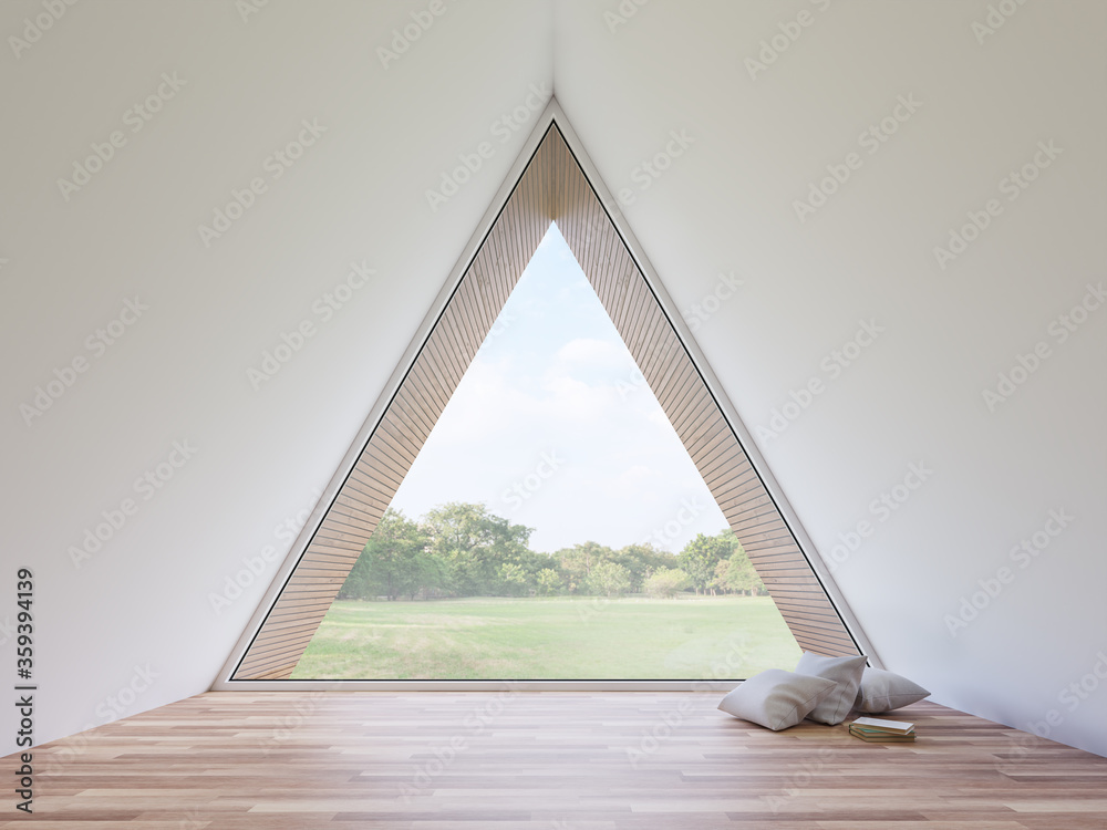 Mininal style empty triangle room interior with nature view 3d render ...