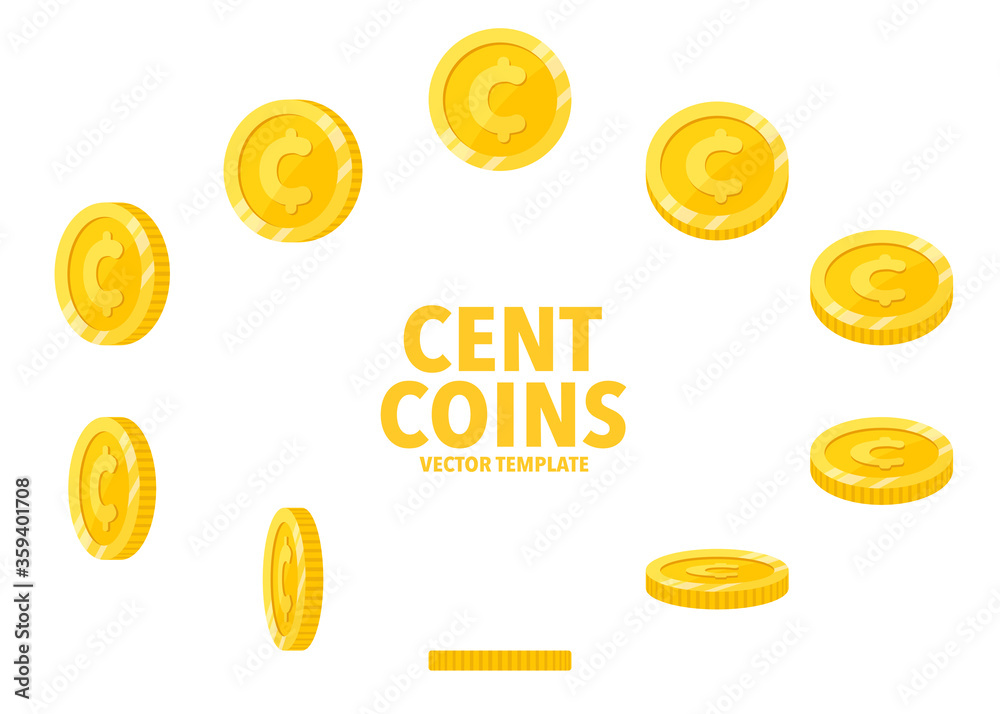 Cent sign golden coins isolated on white background. Set of flat icon ...