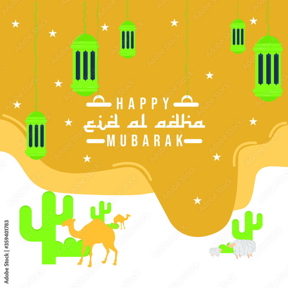 Happy Eid Al-Adha consists of camels, kaltus trees, and green lanterns ...