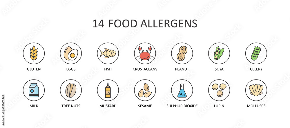 14 food allergens. Round colored vector icons with editable stroke ...