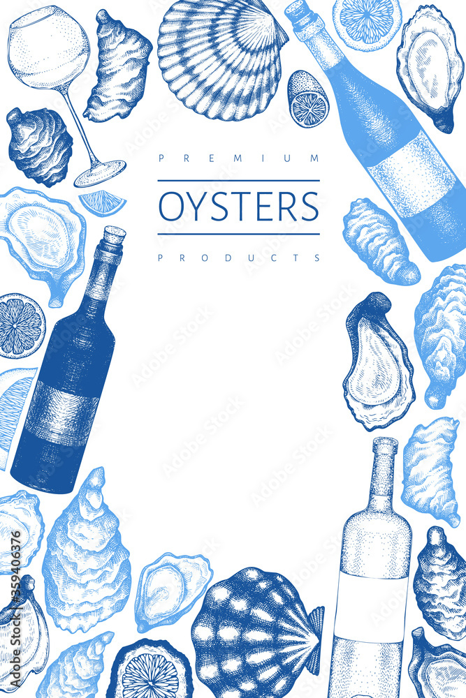 Oysters design template. Hand drawn vector illustration. Seafood banner ...