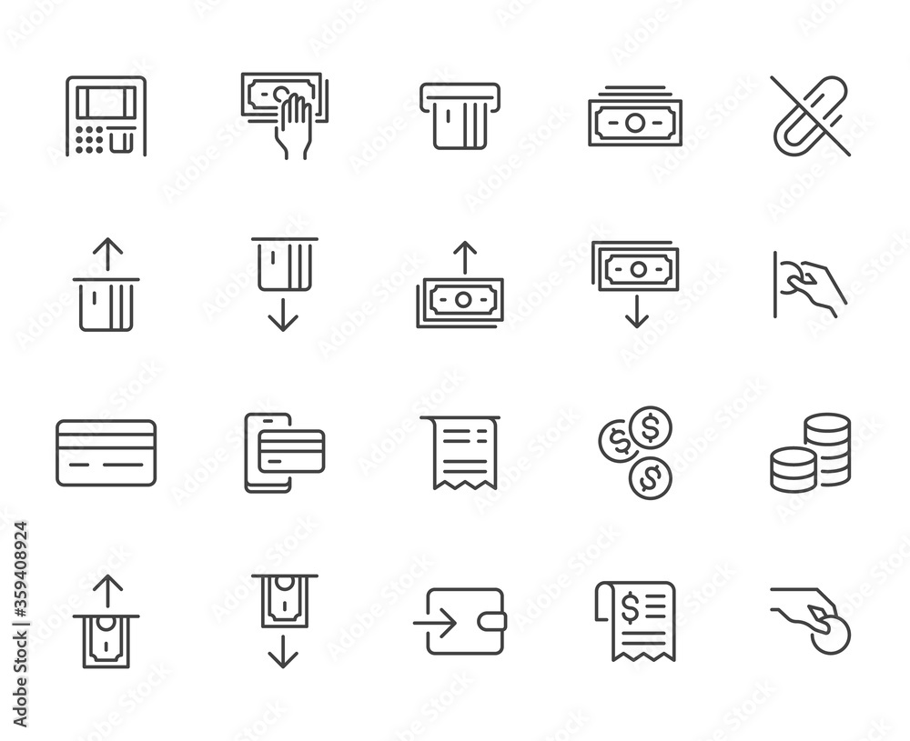 Vetor de Atm machine line icon set. Withdraw money, deposit, hand taking cash, receipt minimal ...
