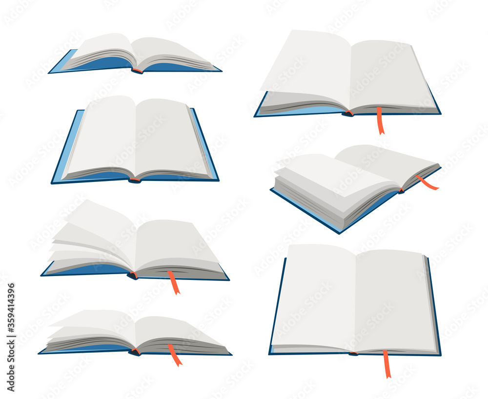 Empty open books set. Cartoon textbooks with bookmarks. Blank books in ...